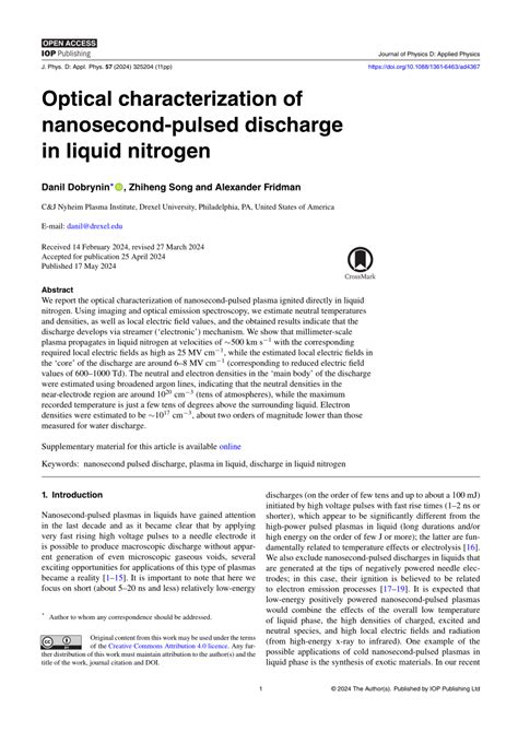 Pdf Optical Characterization Of Nanosecond Pulsed Discharge In Liquid