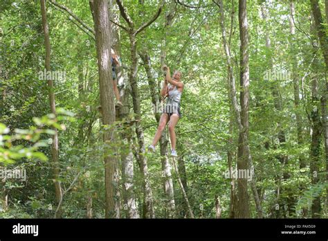 Woman Climbing On A Rope At The Adventure Park Stock Photo Alamy