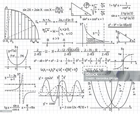 수학 대수학 수식 낙서 방정식 및 그래픽 징후 수학 형상 또는 물리학 수식 및 방정식 벡터 그림 집합 과학 계산 기호 메모장에