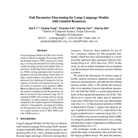Full Parameter Fine Tuning For Large Language Models With Limited Resources Acl Anthology