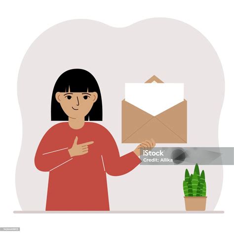 편지가 적힌 열린 봉투를 가진 어린 소녀 텍스트 템플릿에 대한 빈 용지 시트입니다 메일 개념 메시지 알림 초대 보내기 메시지에 대한 스톡 벡터 아트 및 기타 이미지 Istock