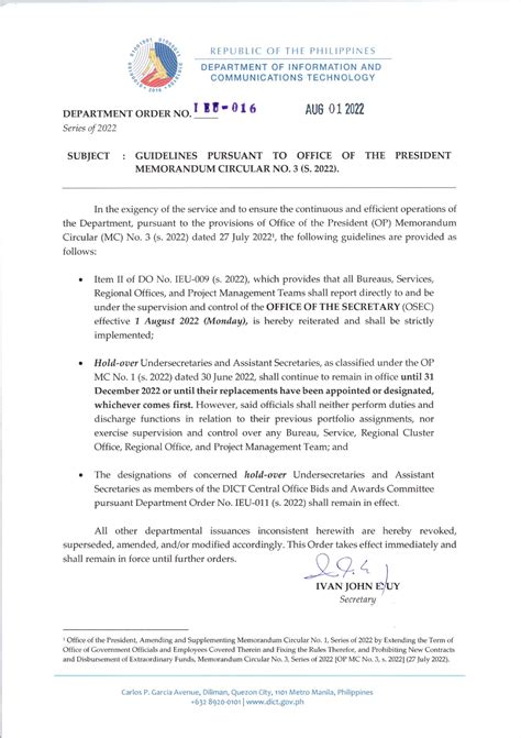 Guidelines Pursuant To Office Of The President Memorandum Circular No 3 S International