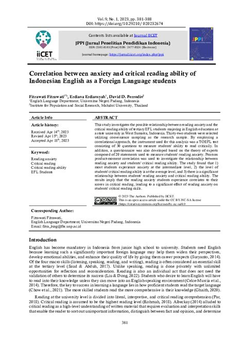 Pdf Correlation Between Anxiety And Critical Reading Ability Of