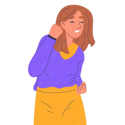 승리 승리 감정을 가진 만화 여자 성공적인 여성 캐릭터는 흰색 배경에 고립 된 평면 벡터 일러스트 레이 션 승리를 축하하는 승리 행복한 사람의 전리품을 즐길 수 있습니다