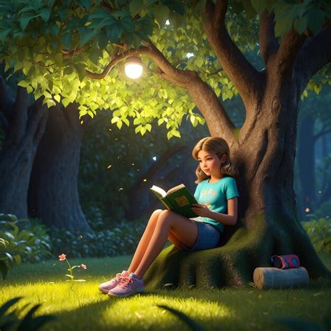 Young Girl Reading A Book Under A Tree Generated By Ai Premium Ai