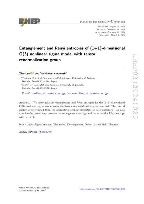Pdf Entanglement And Rényi Entropies Of 11 Dimensional O3 Nonlinear Sigma Model With