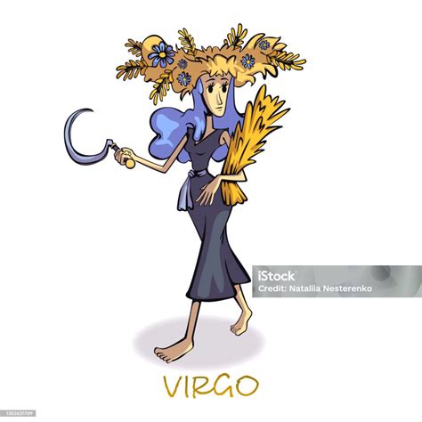 처녀 자리 조디악 사인 여자 플랫 만화 벡터 일러스트 밀 지구 점성술 기호와 소녀 상업용 애니메이션 인쇄 설계에 2d 문자 템플릿을 사용할 준비가 되었습니다 고립 된 만화