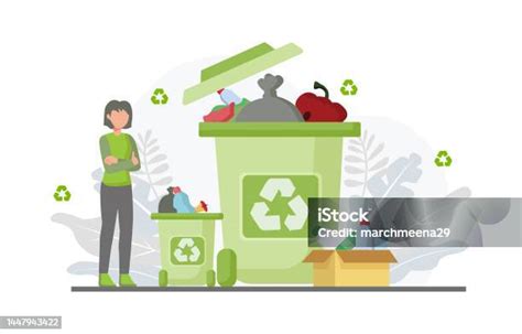 음식물 쓰레기를 줄이고 플라스틱 병을 재활용하는 캐릭터 감소 재사용 재활용 및 폐기물 제로 개념 벡터 그림 재활용에 대한 스톡