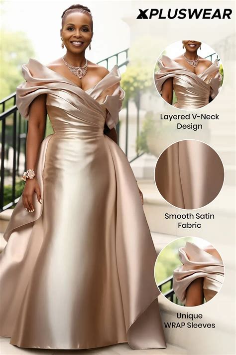 Xpluswear Design Plus Size Formal Champagne V Neck Short Sleeve Peplum Satin Maxi Dresses