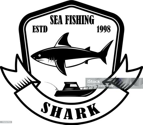 바다 낚시 상어 물고기와 엠블럼 템플릿입니다 레이블 기호 포스터에 대한 설계 요소입니다 벡터 일러스트레이션 거인에 대한 스톡