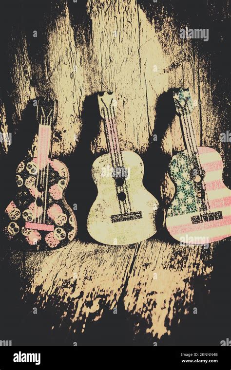 Gritty And Grainy Posterized Pop Art On An Arrangement Of Country And Western Guitars In Wooden