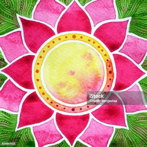 핑크 로터스와 차크라의 녹색 잎 부호 기호 수채화 그림 손 그려진된 아이콘 일러스트 레이 션 디자인 수채화에 대한 스톡 벡터 아트 및 기타 이미지 Istock