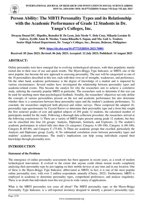 Pdf Person Ability The Mbti Personality Types And Its Relationship With The Academic