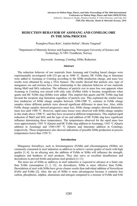 Pdf Reduction Behavior Of Assmang And Comilog Ore In The Simn Process Proceedings Of The 10
