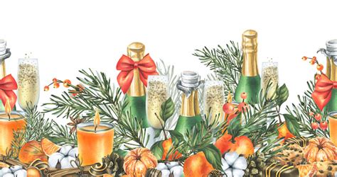 감귤 샴페인으로 크리스마스 장식 과자와 소나무 가지 수채화 그림 손으로 그린 흰색 배경에 매끄럽고 수평 테두리가 있습니다 축하와 휴일을 위해 12월에 대한 스톡 벡터 아트