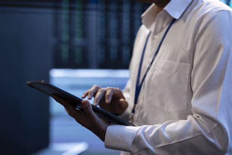 Man Examining Hardware In Data Center With Tablet Stock Image Image Of Monitor Hosting 350207655