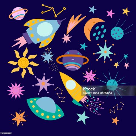 로켓 행성 혜성 별 태양 공간의 밝은 귀여운 요소의 세트 벡터 그래픽의 어두운 파란색 배경에 이미지 디자인 엽서 포스터 포장지 커버용 배경 주제에 대한 스톡 벡터 아트 및