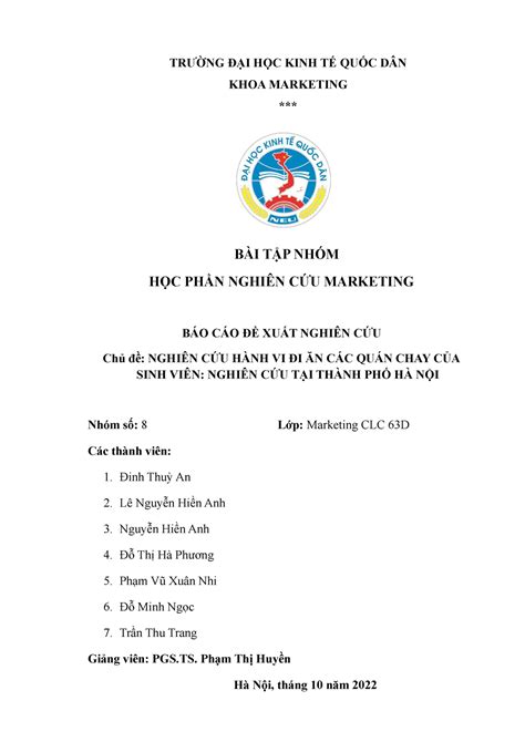 Nhóm ĐỀ XUẤT Nghiên CỨU Marketing TRƯỜNG ĐẠI HỌC KINH TẾ QUỐC DÂN KHOA MARKETING BÀI TẬP