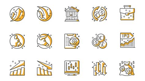 웹용 개요 획 디자인에 설정된 주식 시세 아이콘 증가 감소 교환 통화 투자 포트폴리오 곰 황소 감시 목록 기타로 라인 픽토그램을