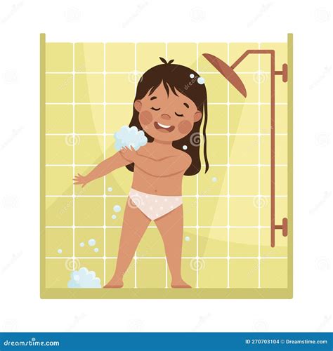Jovencita Alegre Tomando Ducha Lavándose Con Jabón Niño Feliz Haciendo Actividades De Higiene