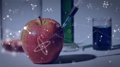 Animation Of Dna And Element Structures Over Syringe Injecting Apple In