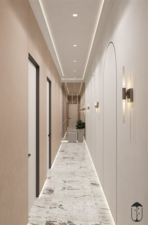 Modern Interior Long Hallway With White Walls And Marble Floors