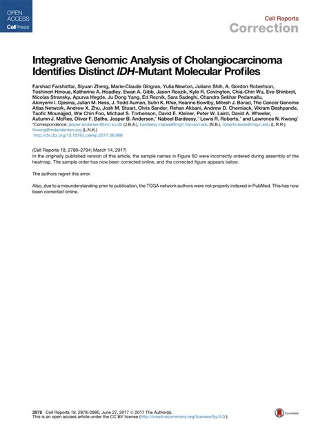 Pdf Integrative Genomic Analysis Of Cholangiocarcinoma Identifies Distinct Idh Mutant