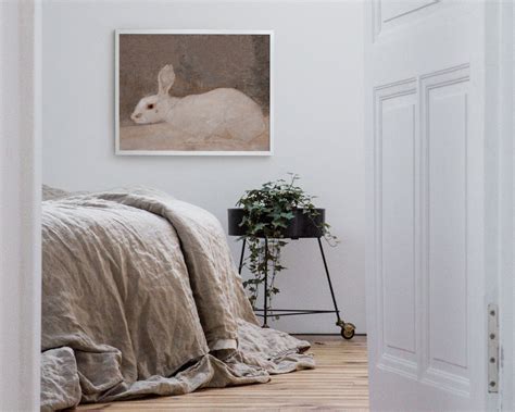 Vintage Rabbit Art Print Moody Bunny Painting Neutral Still Life