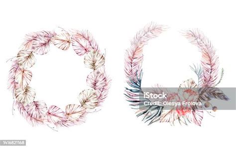 수채화 여름 초대장 손으로 그린 열대 말린 야자 잎 보라색 잎의 가지로 화환 로맨틱 한 꽃다발은 결혼식 인사말 카드 초대장 등에 적합합니다 0명에 대한 스톡 벡터 아트 및