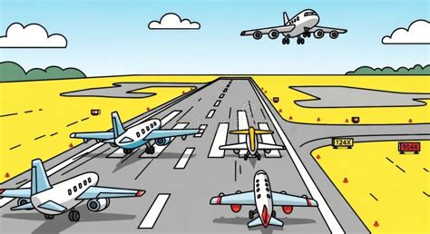 Animated Airport Runway Scene With Multiple Airplanes Stock