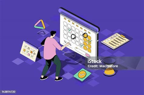 3d 아이소메트릭 디자인의 시간 계획 웹 개념 우선 순위 작업을 설정하고 회의를 표시하고 일정 워크 플로 관리에 메모를 작성합니다 사람 아이소메트리 장면이 있는 벡터 웹