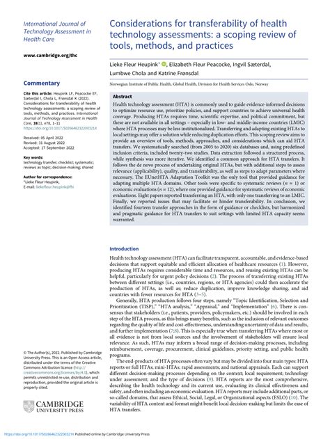 Pdf Considerations For Transferability Of Health Technology Assessments A Scoping Review Of