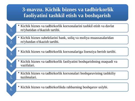 Kichik Biznes Va Tadbirkorlik Faoliyatini Tashkil Etish Va Boshqarish