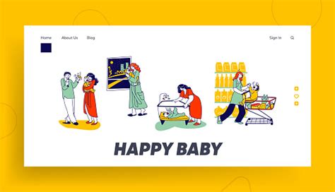 어머니와 아버지 문자 진정 울고 신생아 방문 페이지 템플릿 아기 경련 통증 슈퍼마켓 쇼핑 트롤리에서 아이와 엄마 플레이 펜에서 아이 선형 벡터 피플 일러스트 가족에 대한