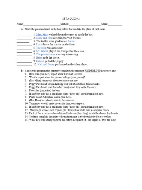 Set A Quiz 2 Pdf Pronoun Syntax