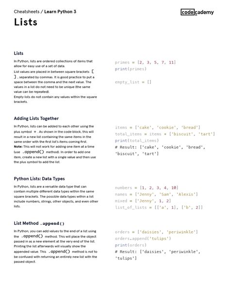 Learn Python 3 Lists Cheatsheet Codecademy Pdf Python Programming Language Computer