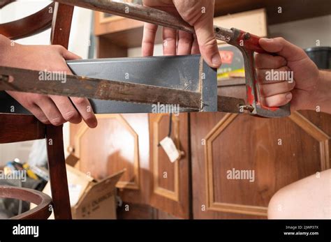 Trimming A Wooden Plinth With A Hand Jigsaw Hand Tool Jigsaw And