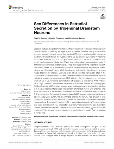 Pdf Sex Differences In Estradiol Secretion By Trigeminal Brainstem Neurons