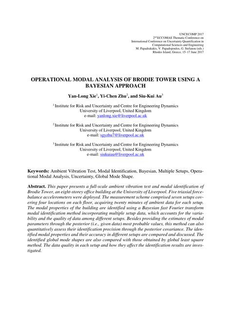 Pdf Operational Modal Analysis Of Brodie Tower Using A Bayesian Approach