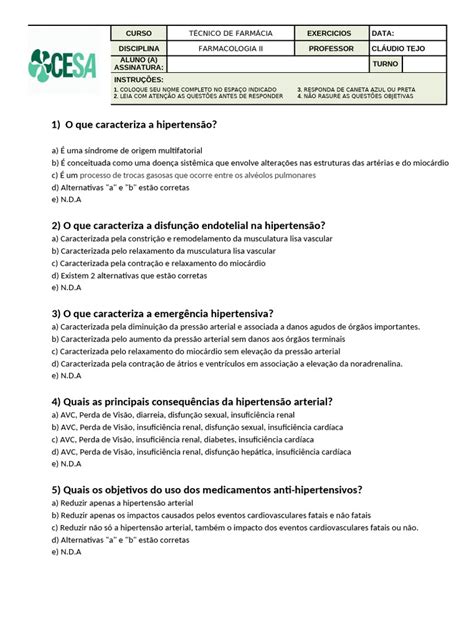 Exercicios De Revisao Farmacologia Ii Pdf