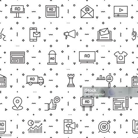 트렌디 한 선형 스타일의 광고 및 마케팅을위한 디자인 템플릿 및 요소의 벡터 세트 광고 및 마케팅과 관련된 선형 아이콘이있는