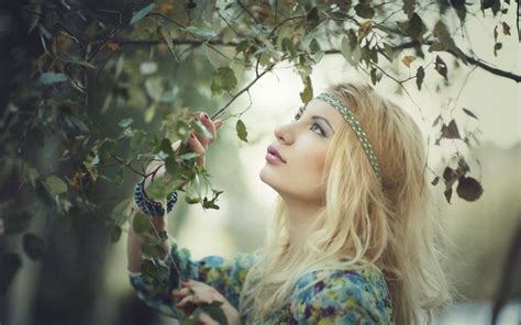 Blonde Model Tree Leaves Wallpaper X