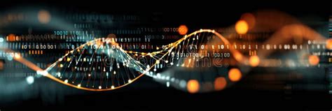 Digital Representation Of A Dna Helix Intertwining With Binary Code And Lights In A Futuristic