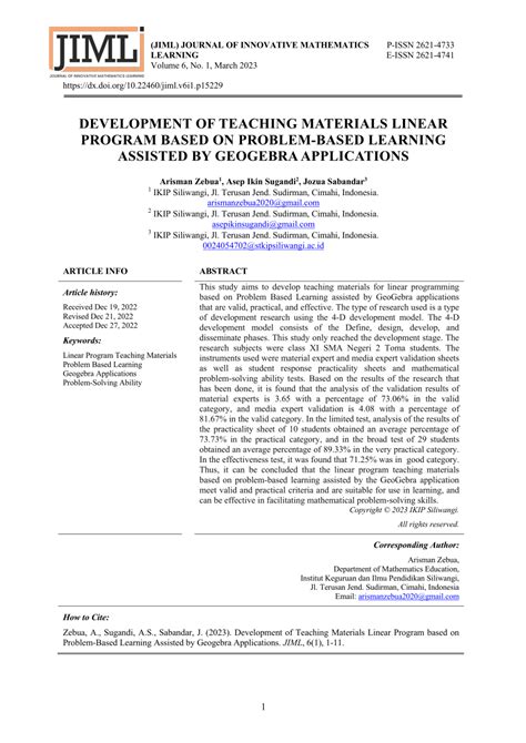 Pdf Development Of Teaching Materials Linear Program Based On Problem Based Learning Assisted