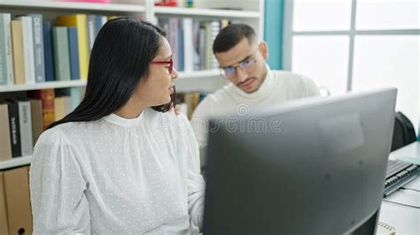 Man And Woman Babes Using Computer Studying At University Classroom Stock Image Image Of