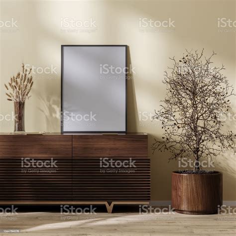 포스터 프레임 은 말린 잔디 식물 3d 렌더링 거실 홈 인테리어서랍의 나무 가슴에 조롱 옷서랍에 대한 스톡 사진 및 기타 이미지