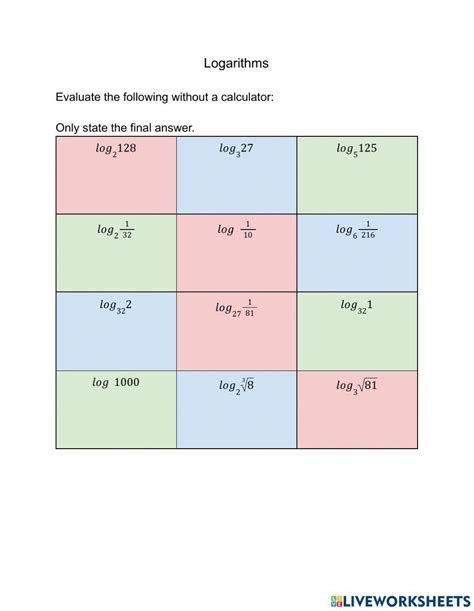 Logs Worksheet Live Worksheets