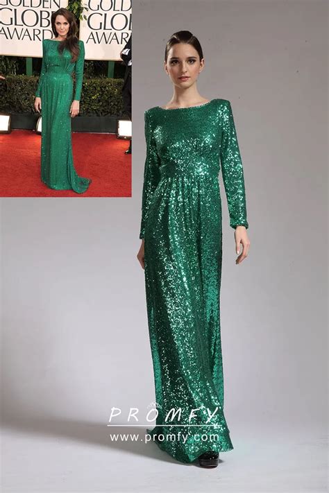 Sparkling Green Sequin Boat Neck Long Sleeve Celebrity Long Formal Dress