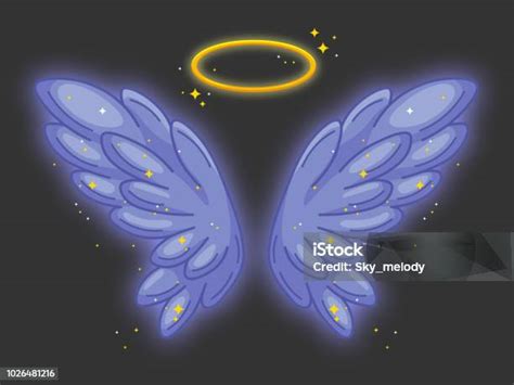 한 쌍의 황금 후광 또는 후광 천사 날개를 확산 반짝이 별과 빛나는 효과 바이올렛 깃털 마법의 판타지 개념입니다 벡터 일러스트 레이 션 고딕 양식에 대한 스톡 벡터 아트 및