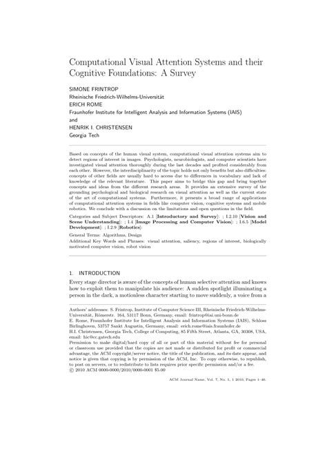 Pdf Computational Visual Attention Systems And Their Cognitive